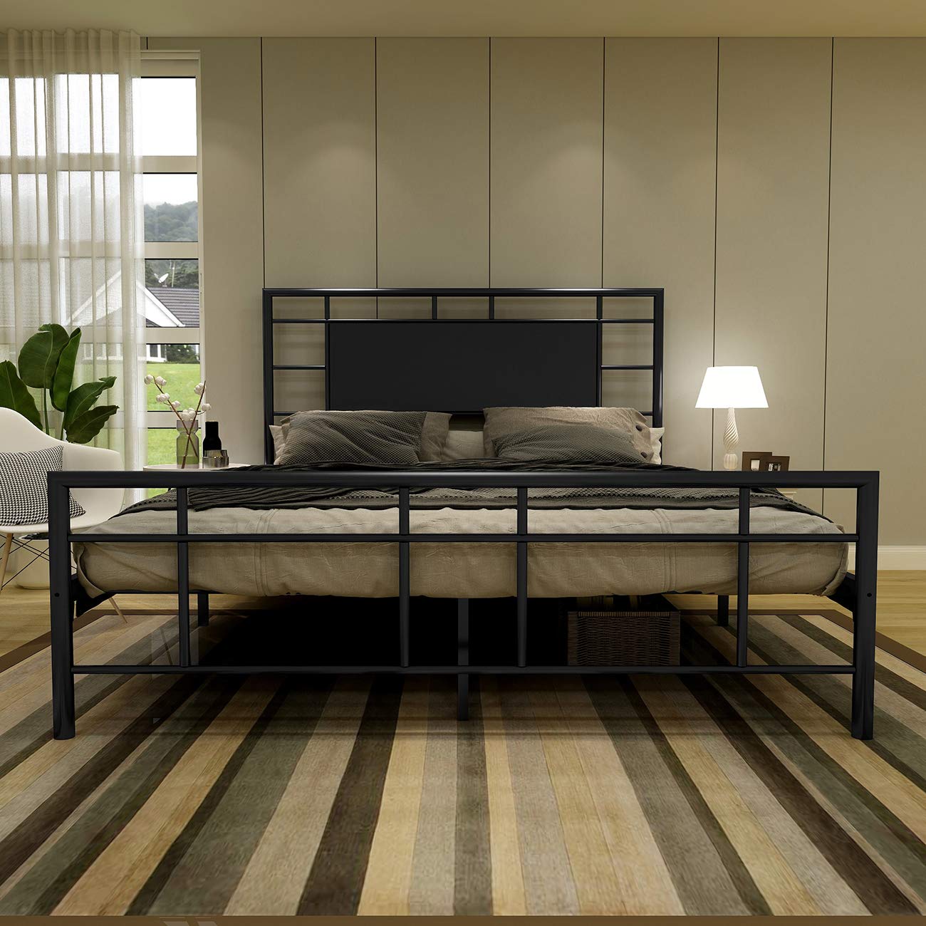AUFANK King Size Metal Platform Bed Frames with Headboard and Footboard with Storage No Box Spring Needed Easy Assembly Black