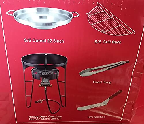 Aramco 22 in Large Mexican Style Wok Concave Comal Griddle Outdoor Cooking Disc Wok Stainless Steel 5pc Set High Pressure Propane Fire Burner Stand,Silver Black Stand