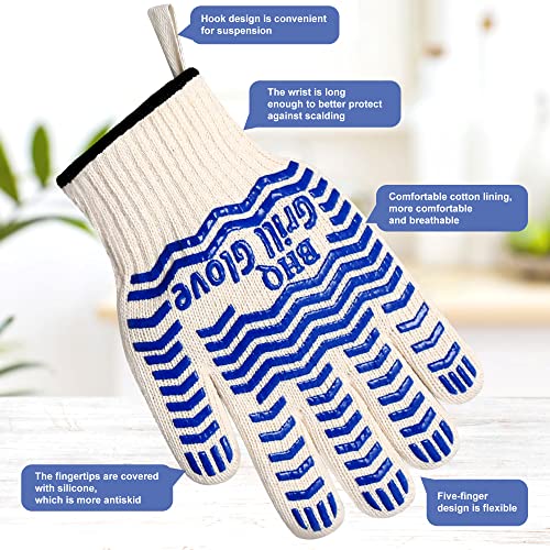 Extreme Heat Resistant BBQ Oven Safety Gloves-BBQ Glove-Grill Gloves,Thick but Light Weight for Kitchen Potholder,Grill,Grilling,Smoker,Barbeque-1 Pair(Blue