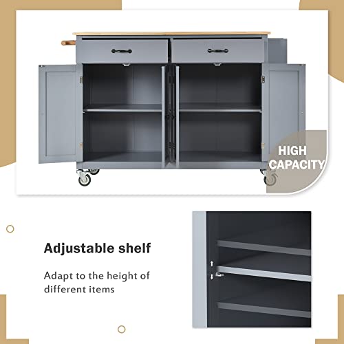 KELRIA Solid Wood Top, Mobile Carts with Storage Cabinet, Rolling Kitchen Table with Spice, Towel Rack, and Drawer, Portable Islands on Wheels, Gray, 54.3 Inch, Grey Blue