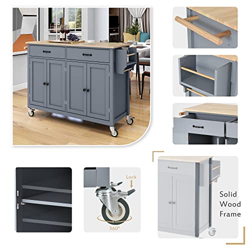 KELRIA Solid Wood Top, Mobile Carts with Storage Cabinet, Rolling Kitchen Table with Spice, Towel Rack, and Drawer, Portable Islands on Wheels, Gray, 54.3 Inch, Grey Blue