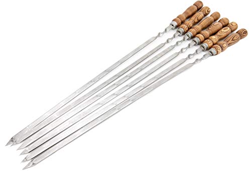CKG BBQ 6 PCS Skewers Shashlik Shampur Kebab | Barbecue Meat Mangal Grill Russian | Wooden Handle Camping Outings Cooking Tools | 3mm