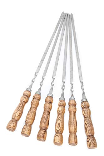 CKG BBQ 6 PCS Skewers Shashlik Shampur Kebab | Barbecue Meat Mangal Grill Russian | Wooden Handle Camping Outings Cooking Tools | 3mm