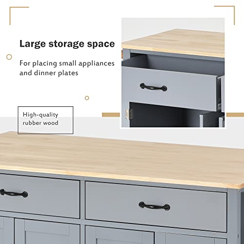 KELRIA Solid Wood Top, Mobile Carts with Storage Cabinet, Rolling Kitchen Table with Spice, Towel Rack, and Drawer, Portable Islands on Wheels, Gray, 54.3 Inch, Grey Blue