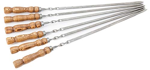 CKG BBQ 6 PCS Skewers Shashlik Shampur Kebab | Barbecue Meat Mangal Grill Russian | Wooden Handle Camping Outings Cooking Tools | 3mm