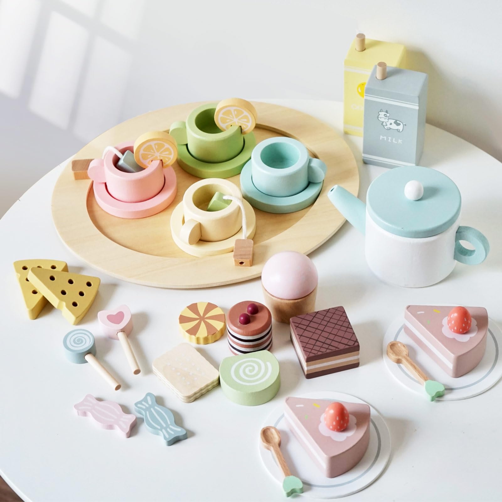 Smartwo Wooden Tea Party Set for Little Girls, 34 PCS Wooden Tea Set for Toddlers 3-5, Pretend Play Kids Wood Tea Set Toy, Play Kitchen Accessories with Play Food, Improve Imagination
