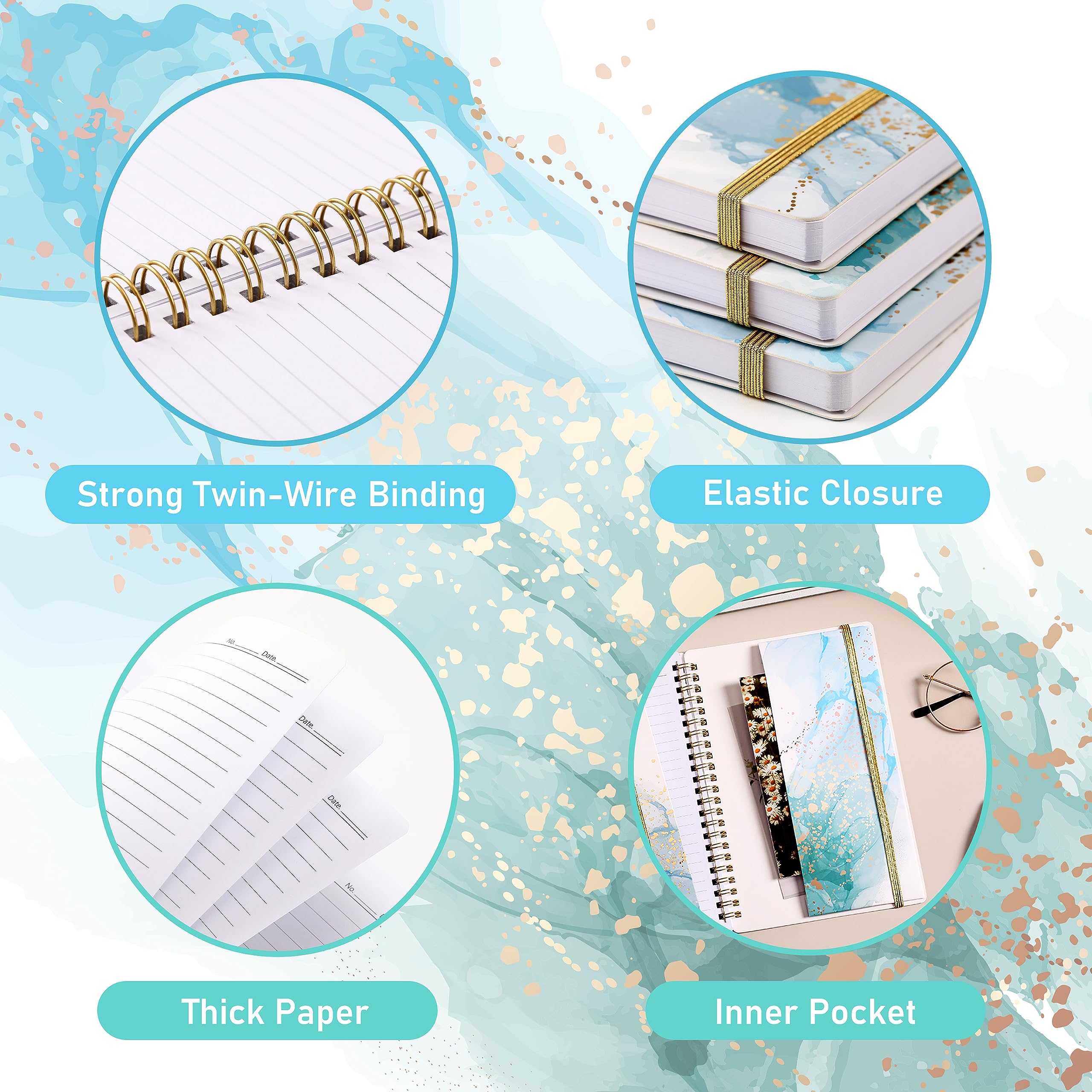 Spiral Notebook - 3 Pack College Ruled Notebook, 5.6'' x 8.3'' Journal Notebook, 80 Sheets / 160 Pages Per Journal with Spiral Bound, Inner Pocket, Journal for Women, Notebooks for Work