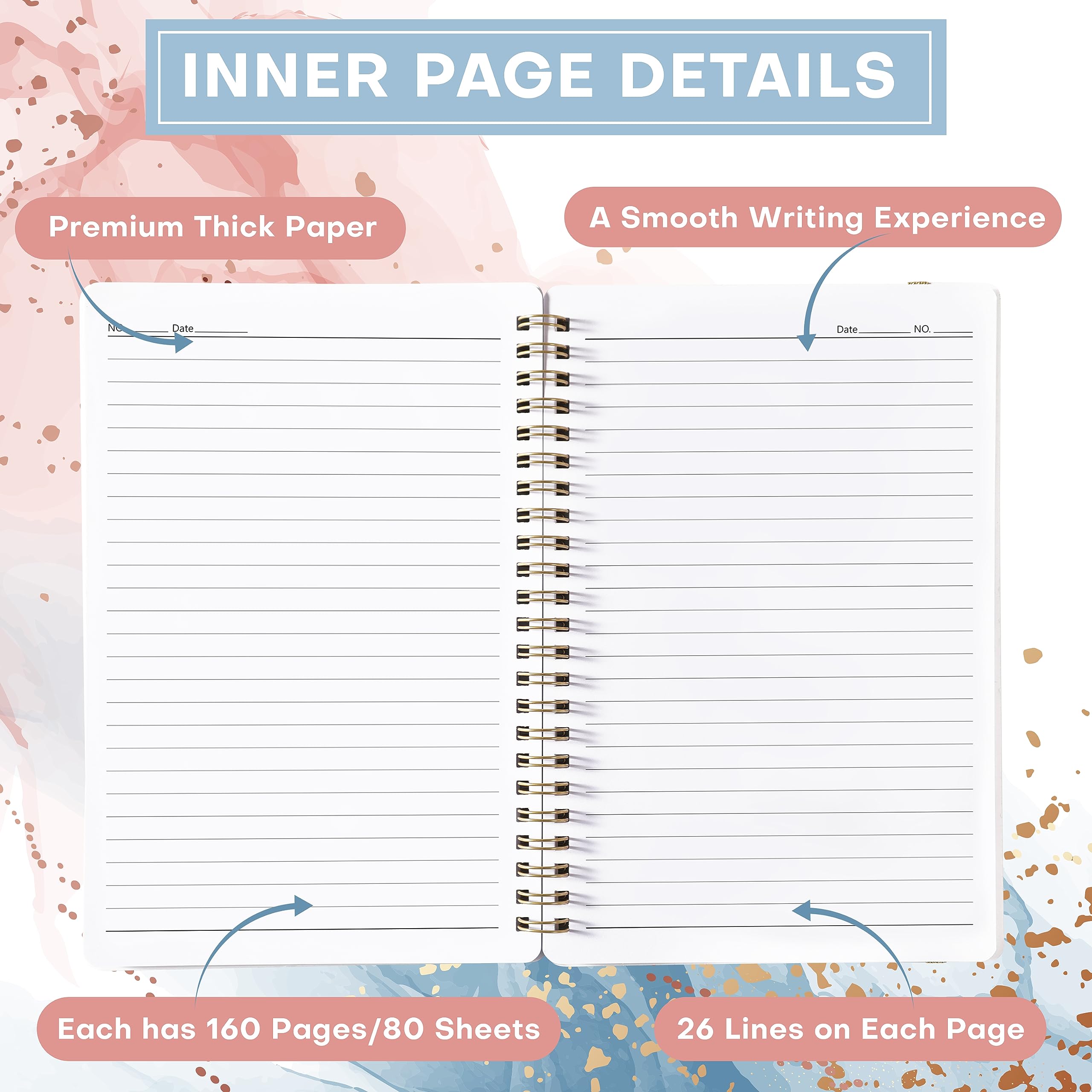 Spiral Notebook - 3 Pack College Ruled Notebook, 5.6'' x 8.3'' Journal Notebook, 80 Sheets / 160 Pages Per Journal with Spiral Bound, Inner Pocket, Journal for Women, Notebooks for Work