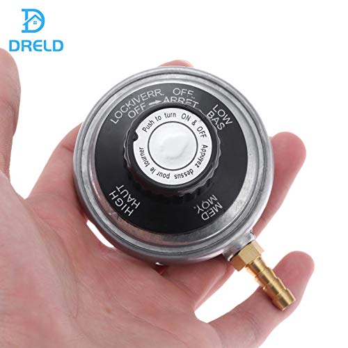 DRELD Low Pressure One Pound Adjustable Propane Tank Gas Regulator Knob, Table Top Control Valve with 1/4" Quick Barb Connection and 1"-20 Female Throwaway Cylinder Thread Inlet