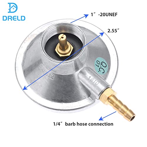 DRELD Low Pressure One Pound Adjustable Propane Tank Gas Regulator Knob, Table Top Control Valve with 1/4" Quick Barb Connection and 1"-20 Female Throwaway Cylinder Thread Inlet