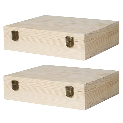 ZKHOB 2 Pack Unfinished Wooden Box with Lid Small Wood Boxes(12 x 9x 3.1 inch) Natural Pine Wooden Box for Crafts,Wooden Gift Boxes,Memory keepsake Box Jewelry Box Decor Storage