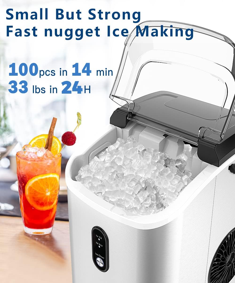Kndko Nugget Ice Maker Countertop,33lbs/Day, Pellet ice Maker,a Basket in 1.5 Hour, Self-Cleaning, One-Click Design, Compact Crushed Ice Maker with Chewy Ice for Home Bar Party,Silver
