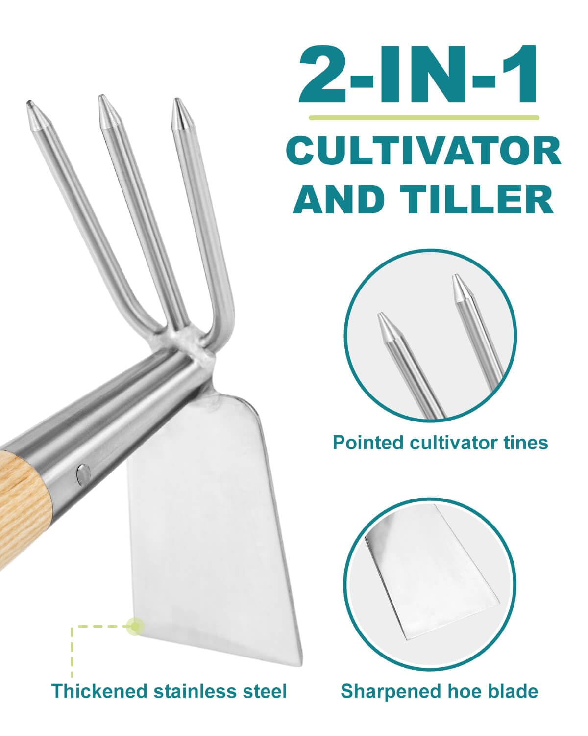 Hoe and Cultivator Garden Rake Hand Tiller Tool Wood Handle Double Sided Cultivator Versatile Tool for Digging,Loosening Soil,Weeding,Breaking Up Soil,Cultivating,Preparing Seedbeds Combination Garden