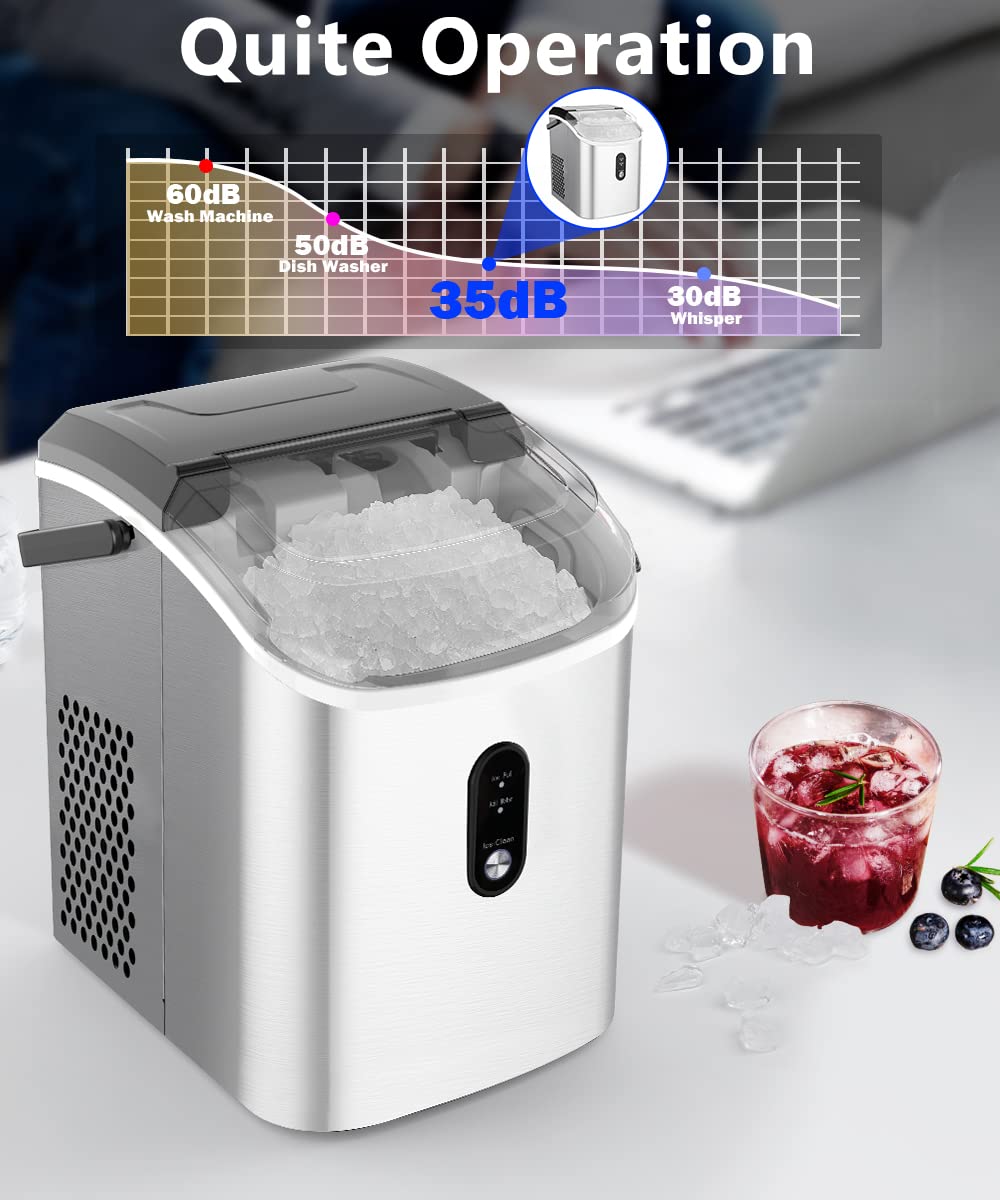 Kndko Nugget Ice Maker Countertop,33lbs/Day, Pellet ice Maker,a Basket in 1.5 Hour, Self-Cleaning, One-Click Design, Compact Crushed Ice Maker with Chewy Ice for Home Bar Party,Silver