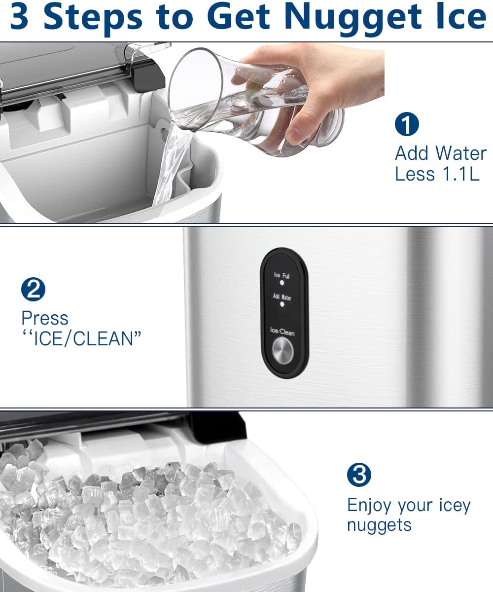 Kndko Nugget Ice Maker Countertop,33lbs/Day, Pellet ice Maker,a Basket in 1.5 Hour, Self-Cleaning, One-Click Design, Compact Crushed Ice Maker with Chewy Ice for Home Bar Party,Silver