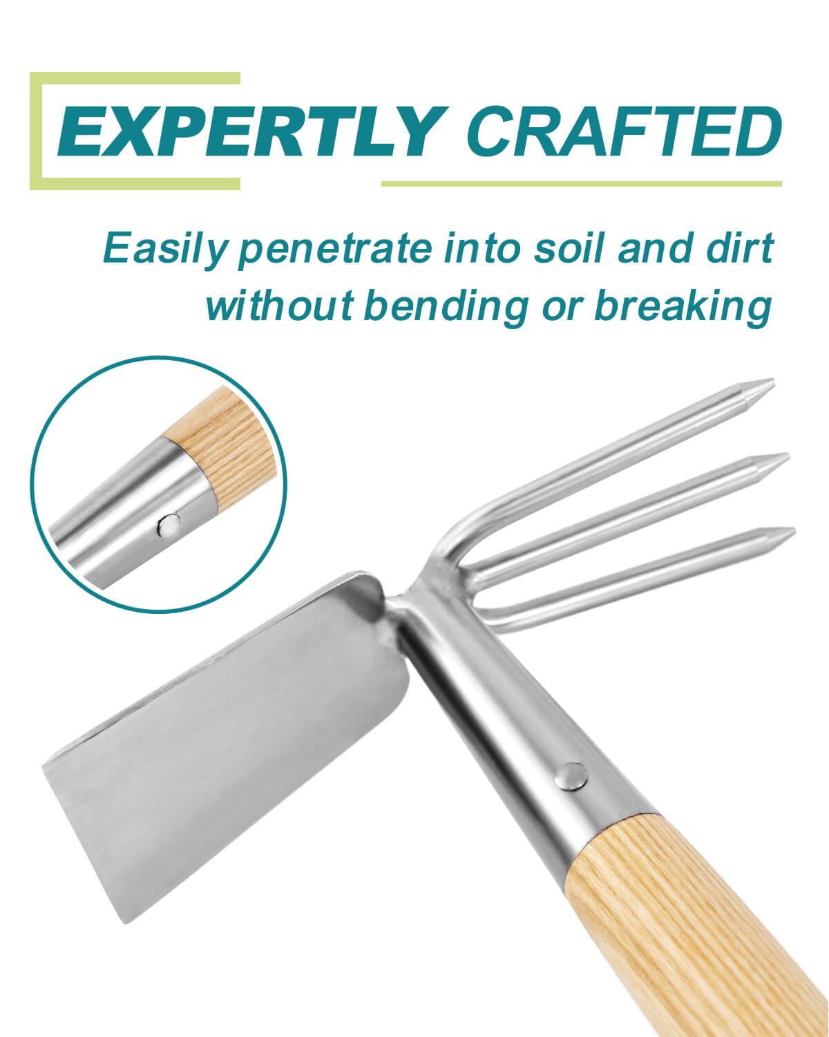 Hoe and Cultivator Garden Rake Hand Tiller Tool Wood Handle Double Sided Cultivator Versatile Tool for Digging,Loosening Soil,Weeding,Breaking Up Soil,Cultivating,Preparing Seedbeds Combination Garden