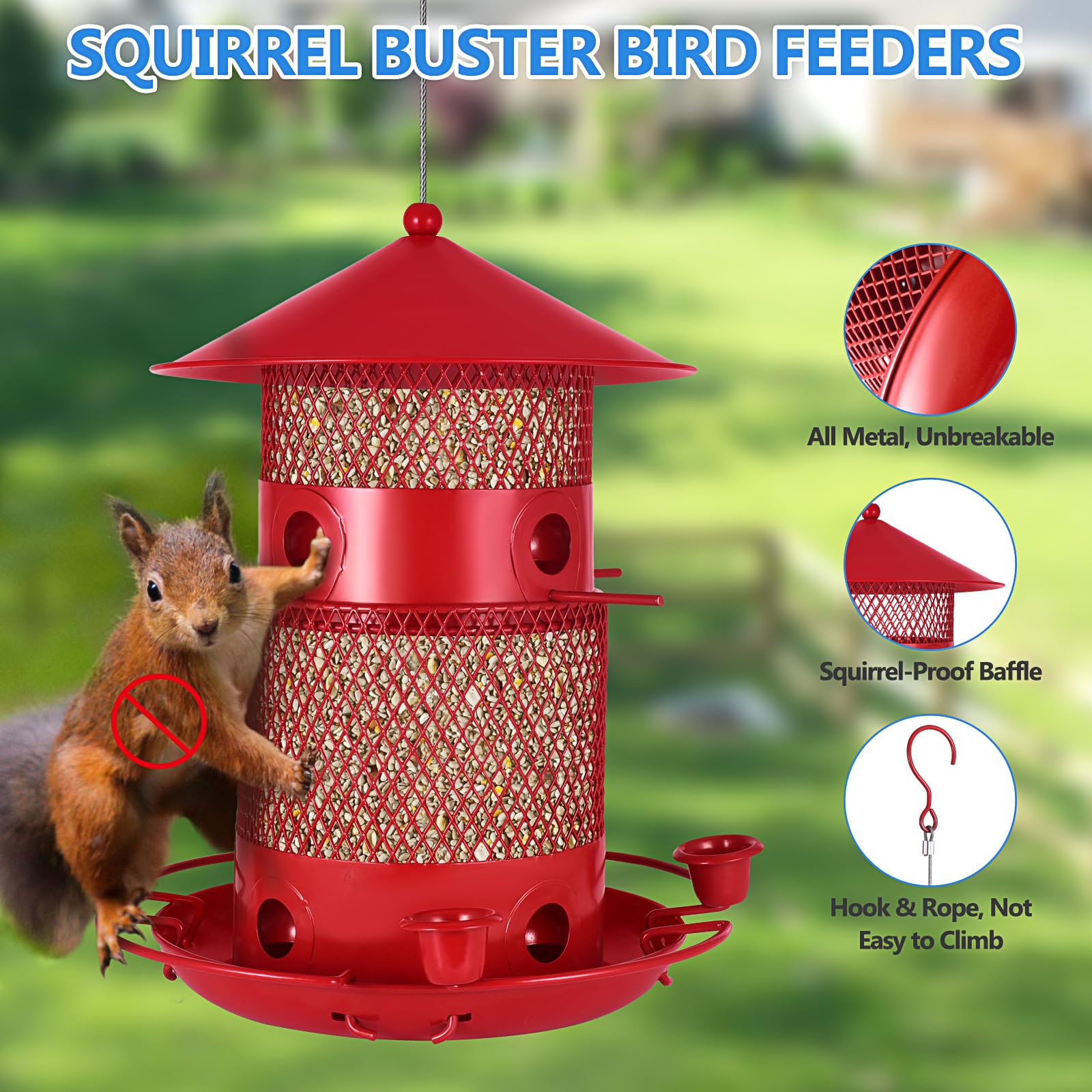 Metal Bird Feeders for Outside, Squirrel Proof Hanging Wild Bird Feeder, 4 Lbs Large Seed Capacity, Outdoors Mesh Tube Birdfeeders with 6 Perches