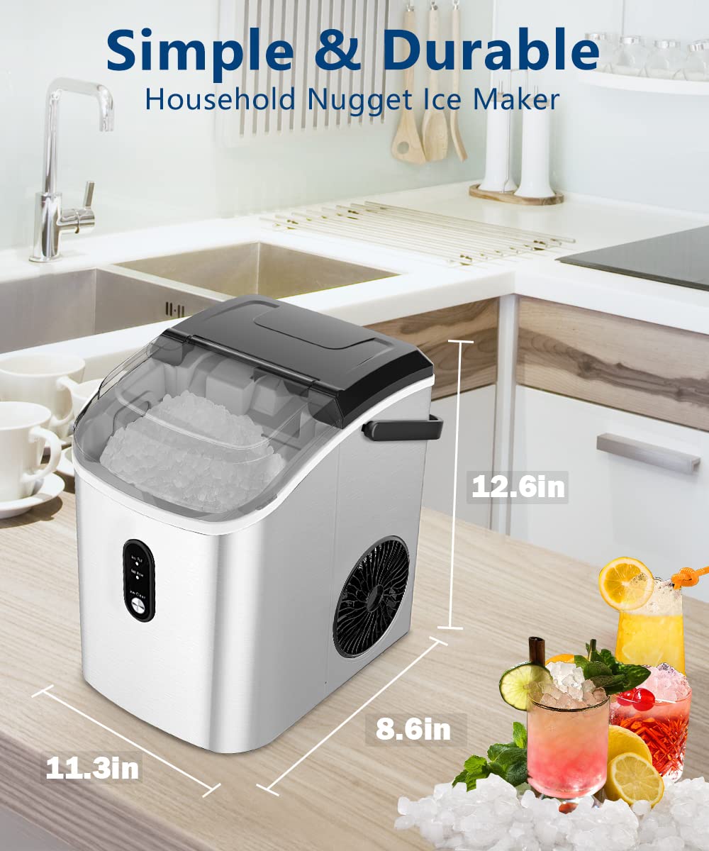 Kndko Nugget Ice Maker Countertop,33lbs/Day, Pellet ice Maker,a Basket in 1.5 Hour, Self-Cleaning, One-Click Design, Compact Crushed Ice Maker with Chewy Ice for Home Bar Party,Silver