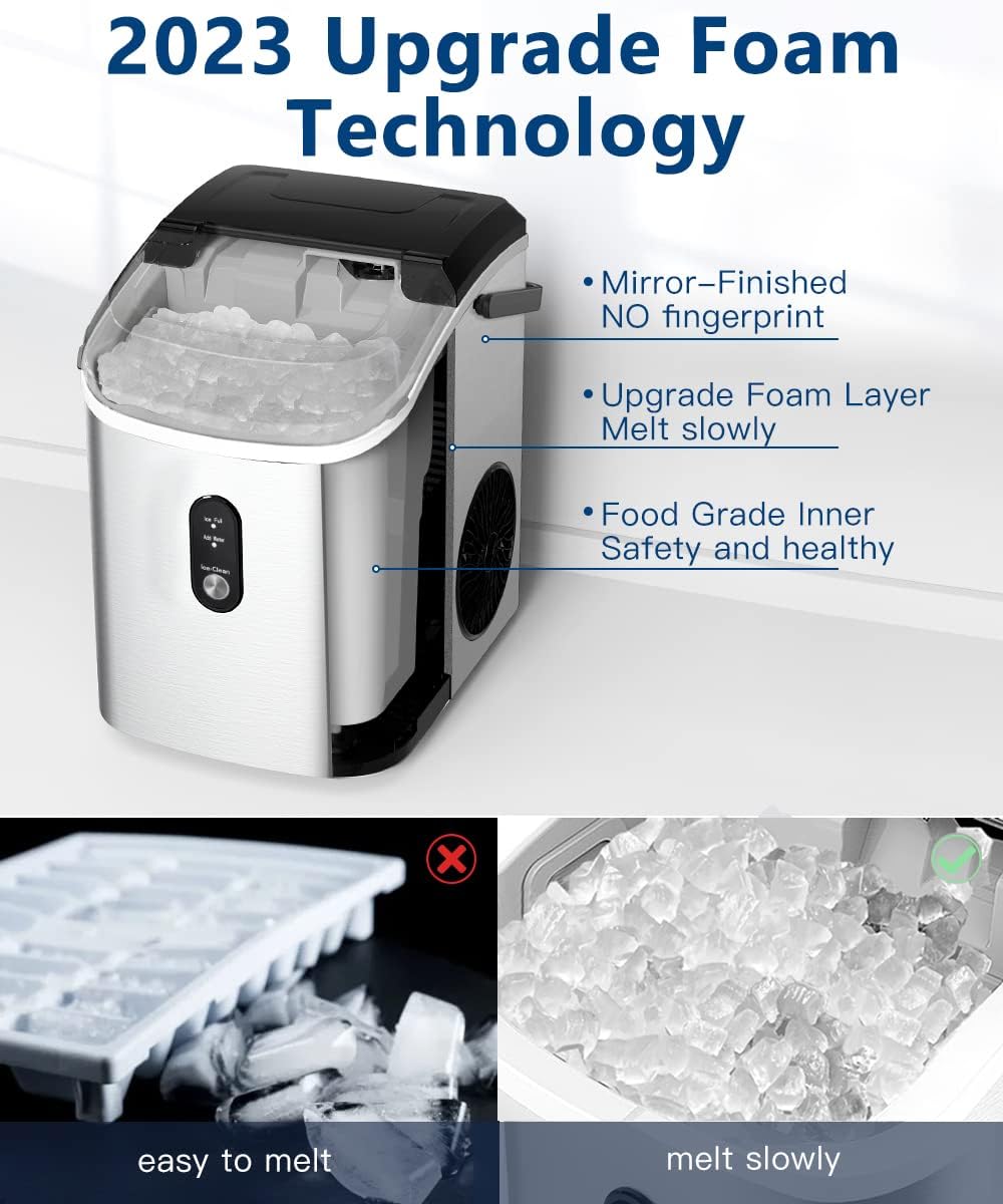 Kndko Nugget Ice Maker Countertop,33lbs/Day, Pellet ice Maker,a Basket in 1.5 Hour, Self-Cleaning, One-Click Design, Compact Crushed Ice Maker with Chewy Ice for Home Bar Party,Silver