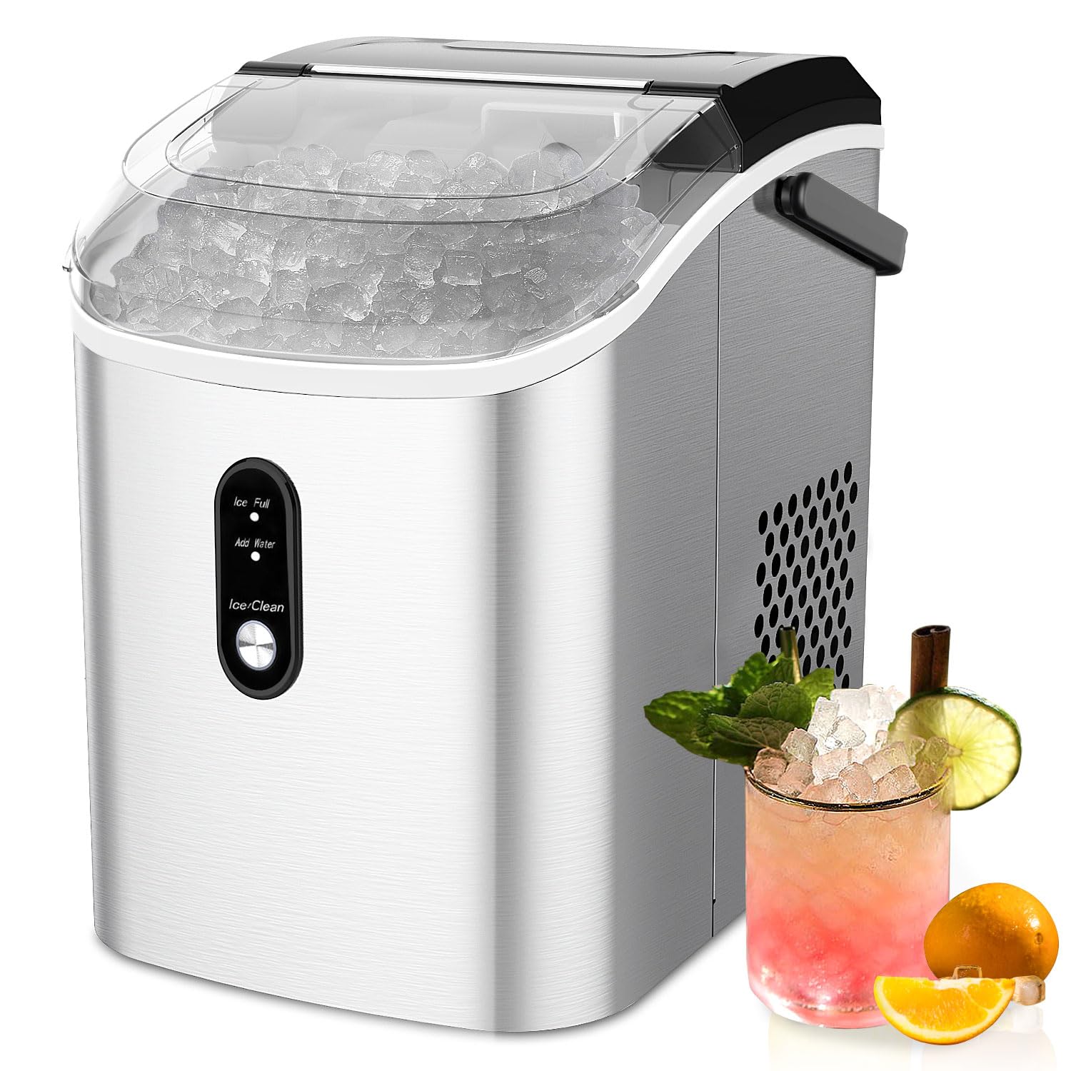 Kndko Nugget Ice Maker Countertop,33lbs/Day, Pellet ice Maker,a Basket in 1.5 Hour, Self-Cleaning, One-Click Design, Compact Crushed Ice Maker with Chewy Ice for Home Bar Party,Silver