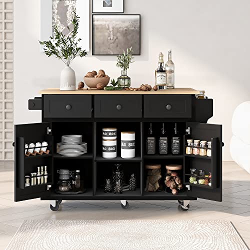 KELRIA Kitchen Cart with Drop-Leaf Countertop, Kitchen Island on 5 Universal Wheels with Open Shelves, Storage Cabinet and 3 Drawers, Large Rubberwood Top Breakfast Bar for Dining Room