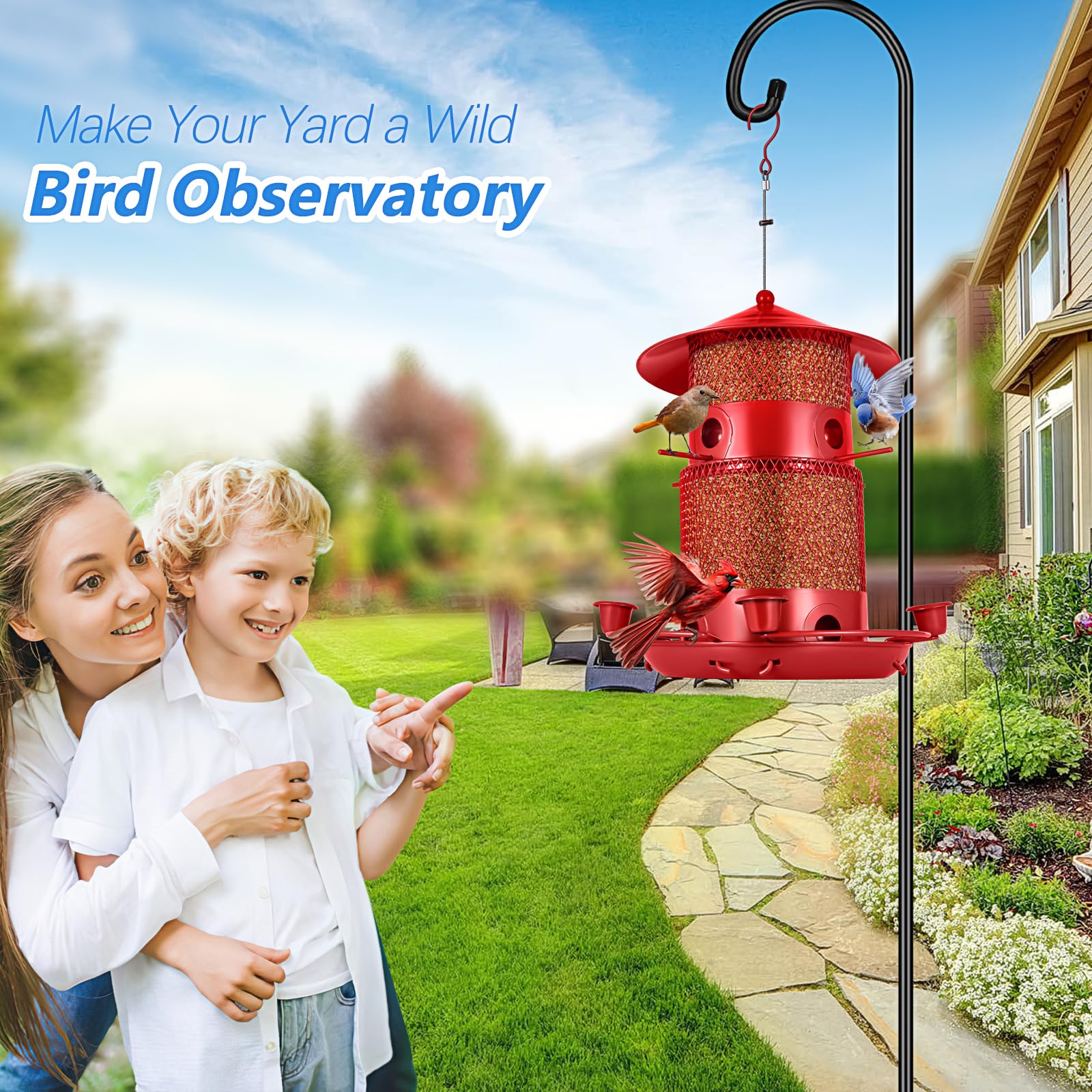 Metal Bird Feeders for Outside, Squirrel Proof Hanging Wild Bird Feeder, 4 Lbs Large Seed Capacity, Outdoors Mesh Tube Birdfeeders with 6 Perches