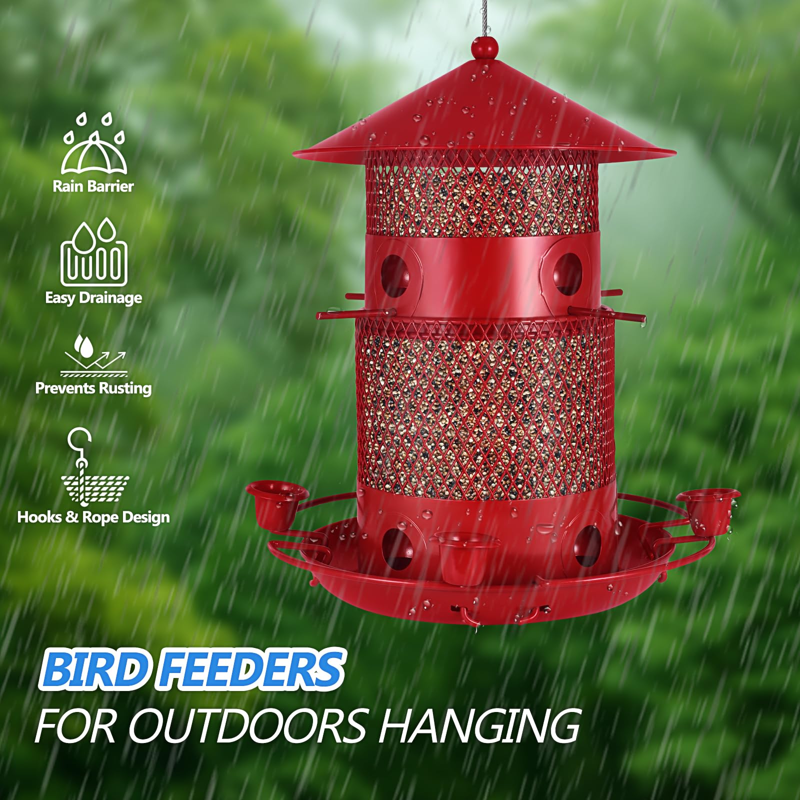 Metal Bird Feeders for Outside, Squirrel Proof Hanging Wild Bird Feeder, 4 Lbs Large Seed Capacity, Outdoors Mesh Tube Birdfeeders with 6 Perches