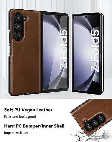 Cresee Case for Samsung Galaxy Z Fold 5 (2023) with Cover Screen Protector, PU Leather & Hard PC Bumper Phone Case for Galaxy Z Fold5 - Brown