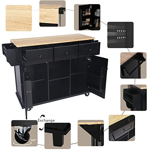 KELRIA Kitchen Cart with Drop-Leaf Countertop, Kitchen Island on 5 Universal Wheels with Open Shelves, Storage Cabinet and 3 Drawers, Large Rubberwood Top Breakfast Bar for Dining Room