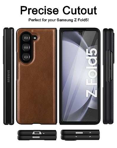 Cresee Case for Samsung Galaxy Z Fold 5 (2023) with Cover Screen Protector, PU Leather & Hard PC Bumper Phone Case for Galaxy Z Fold5 - Brown