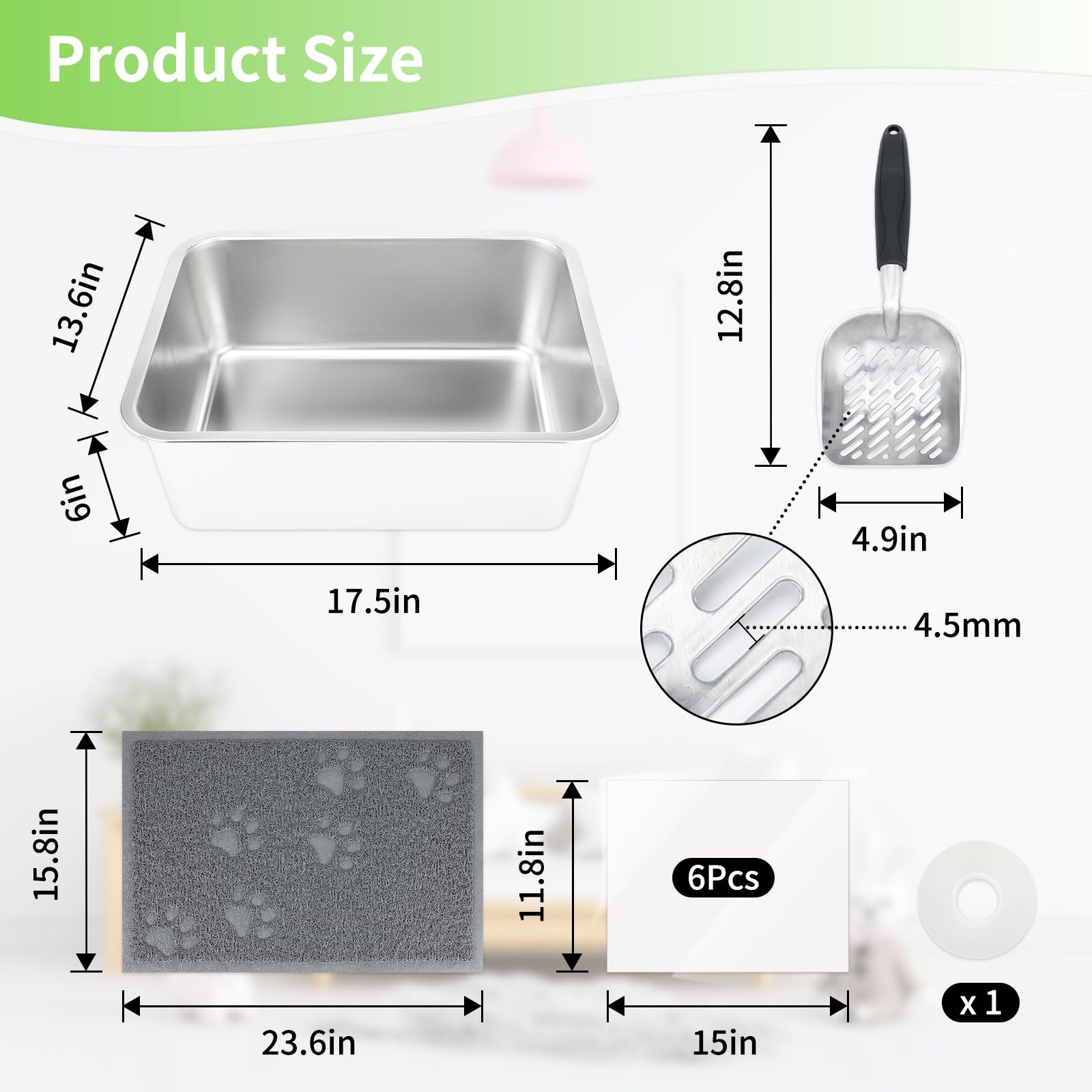 Rypet 2 Set Stainless Steel Litter Box,Rust Proof Metal Cat Litter Tray,Durable Kitten Litter Box with 2 Cat Litter Scoop,6 Litter Pee Splash Guard and 2 Cat Litter Mat,Easy to Clean(17.5"*13.6"*6")