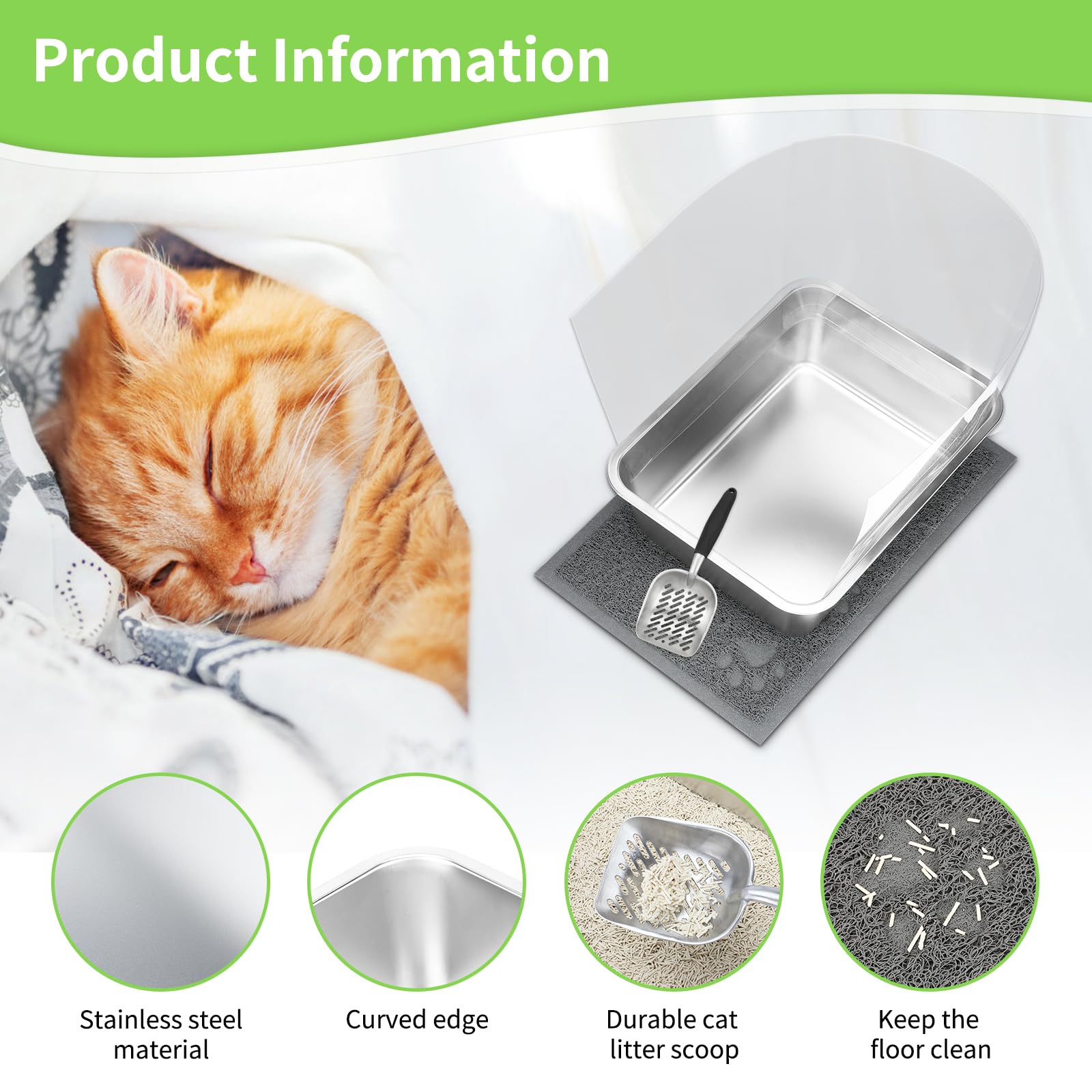 Rypet 2 Set Stainless Steel Litter Box,Rust Proof Metal Cat Litter Tray,Durable Kitten Litter Box with 2 Cat Litter Scoop,6 Litter Pee Splash Guard and 2 Cat Litter Mat,Easy to Clean(17.5"*13.6"*6")