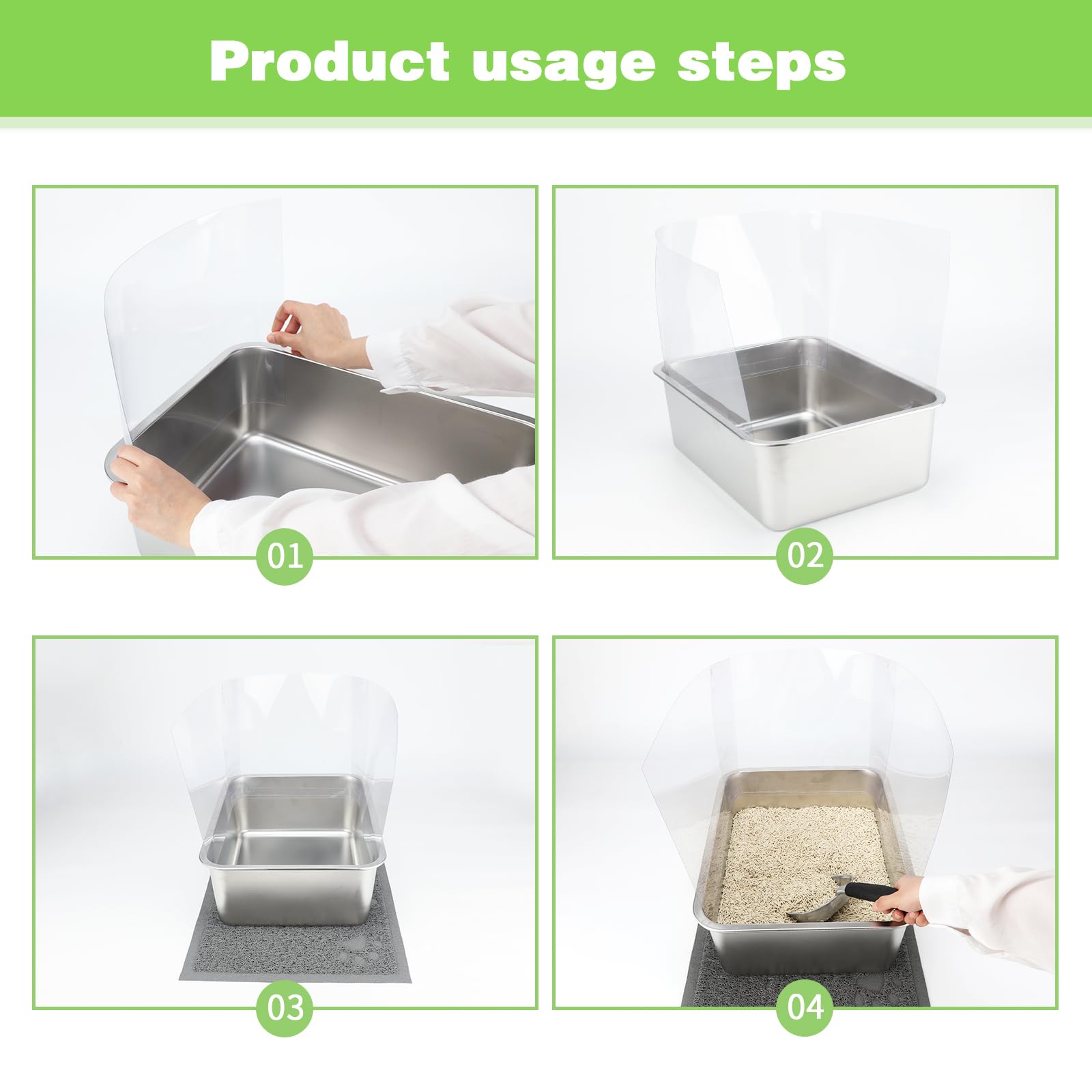 Rypet 2 Set Stainless Steel Litter Box,Rust Proof Metal Cat Litter Tray,Durable Kitten Litter Box with 2 Cat Litter Scoop,6 Litter Pee Splash Guard and 2 Cat Litter Mat,Easy to Clean(17.5"*13.6"*6")