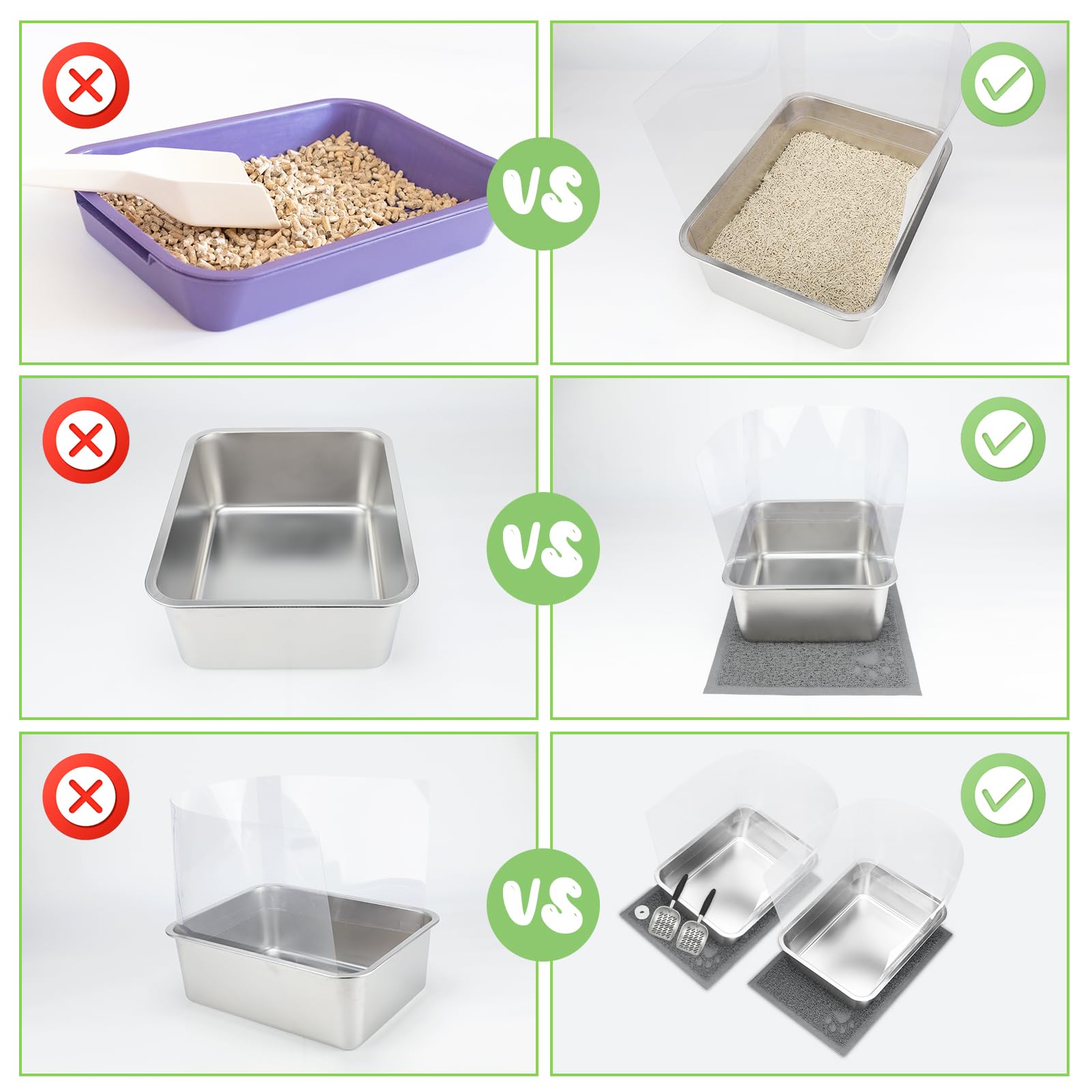 Rypet 2 Set Stainless Steel Litter Box,Rust Proof Metal Cat Litter Tray,Durable Kitten Litter Box with 2 Cat Litter Scoop,6 Litter Pee Splash Guard and 2 Cat Litter Mat,Easy to Clean(17.5"*13.6"*6")