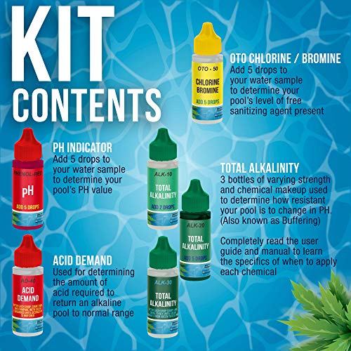 U.S. Pool Supply 6 Bottle Refill Solution Pack for Premium 5-Way Swimming Pool & Spa Test Kit - Replacement Indicator Bottles, Test Water for pH, Chlorine, Bromine, Alkalinity, Acid Demand - Chemicals