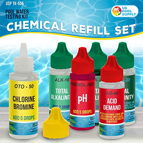 U.S. Pool Supply 6 Bottle Refill Solution Pack for Premium 5-Way Swimming Pool & Spa Test Kit - Replacement Indicator Bottles, Test Water for pH, Chlorine, Bromine, Alkalinity, Acid Demand - Chemicals
