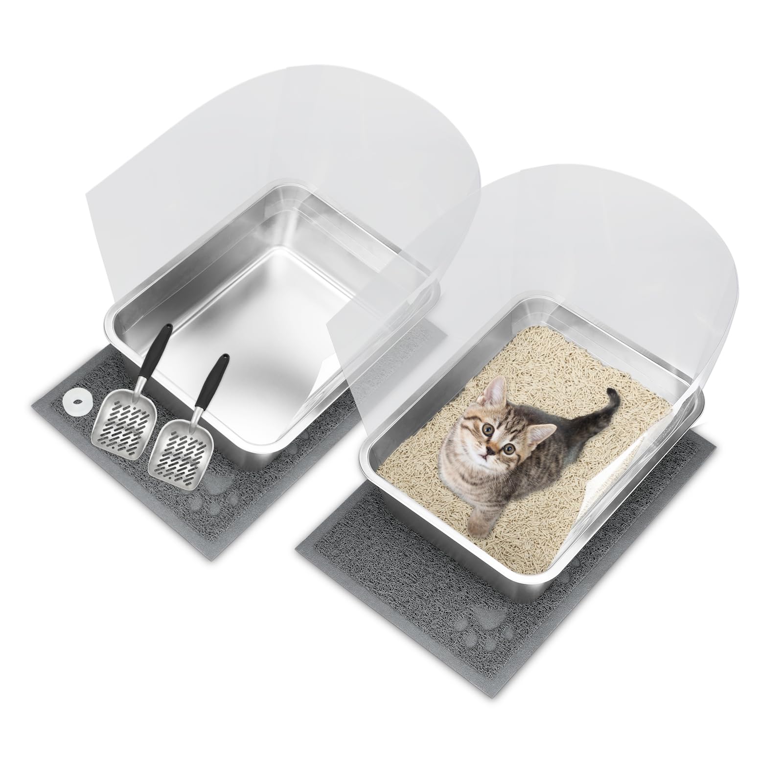 Rypet 2 Set Stainless Steel Litter Box，Rust Proof Metal Cat Litter Tray，Durable Kitten Litter Box with 2 Cat Litter Scoop，6 Litter Pee Splash Guard and 2 Cat Litter Mat，Easy to Clean(17.5"*13.6"*6")