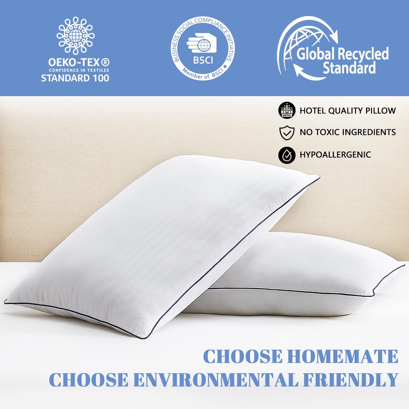 HomeMate Bed Pillows for Sleeping - Standard Size(20''x26'') 4 Set Hotel Quality Allergy Friendly Microfiber Shell Fluffy Down Alternative Filling Pillow Suitable Back Stomach or Side Sleeper, White
