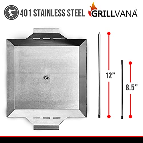 GRILLVANA Stainless Steel Vertical Skewer for Tacos Al Pastor, Shawarma, Kebabs- BBQ Grilling Accessory w/ 2 removable spikes (8.5” and 12”)- Use on Charcoal Grills or Stove- Handles, No Drip Plate