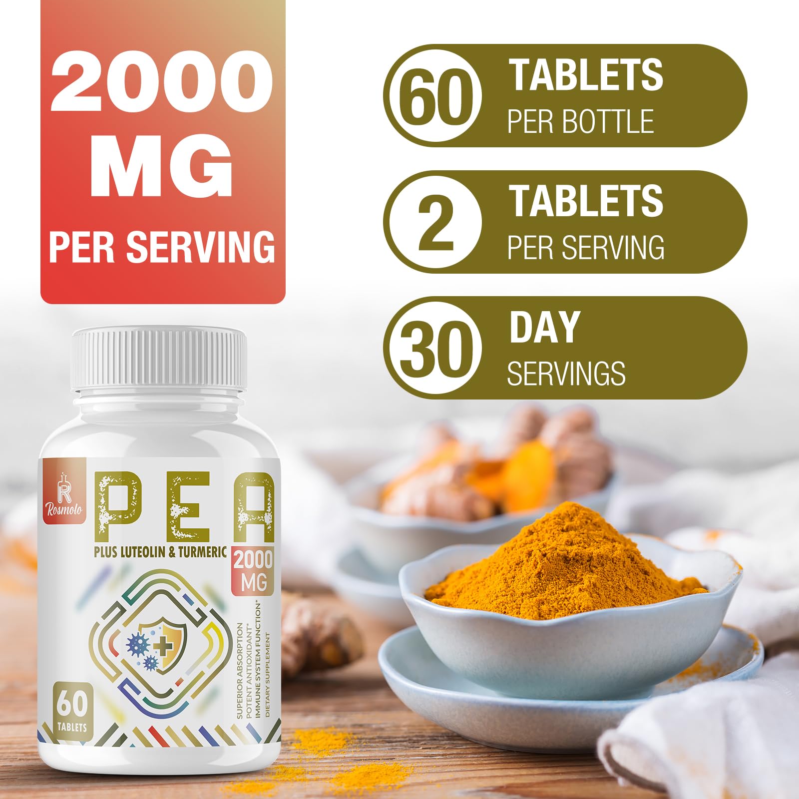 Rosmolo 1500 MG Palmitoylethanolamide with Luteolin 98% & Turmeric, High Absorption, Micronized Pea Supplement for Discomfort Management- USA Made - 120 Tablets