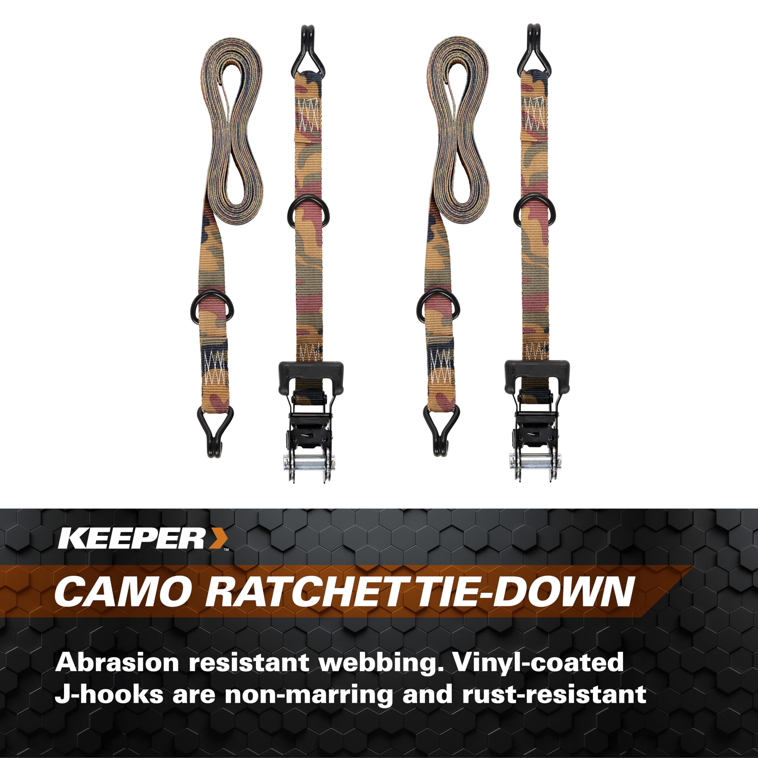 Keeper – 1.25” x 16' Camo Ratchet Tie-Down with J Hooks, 2 Pack - 1,000 lbs. Working Load Limit