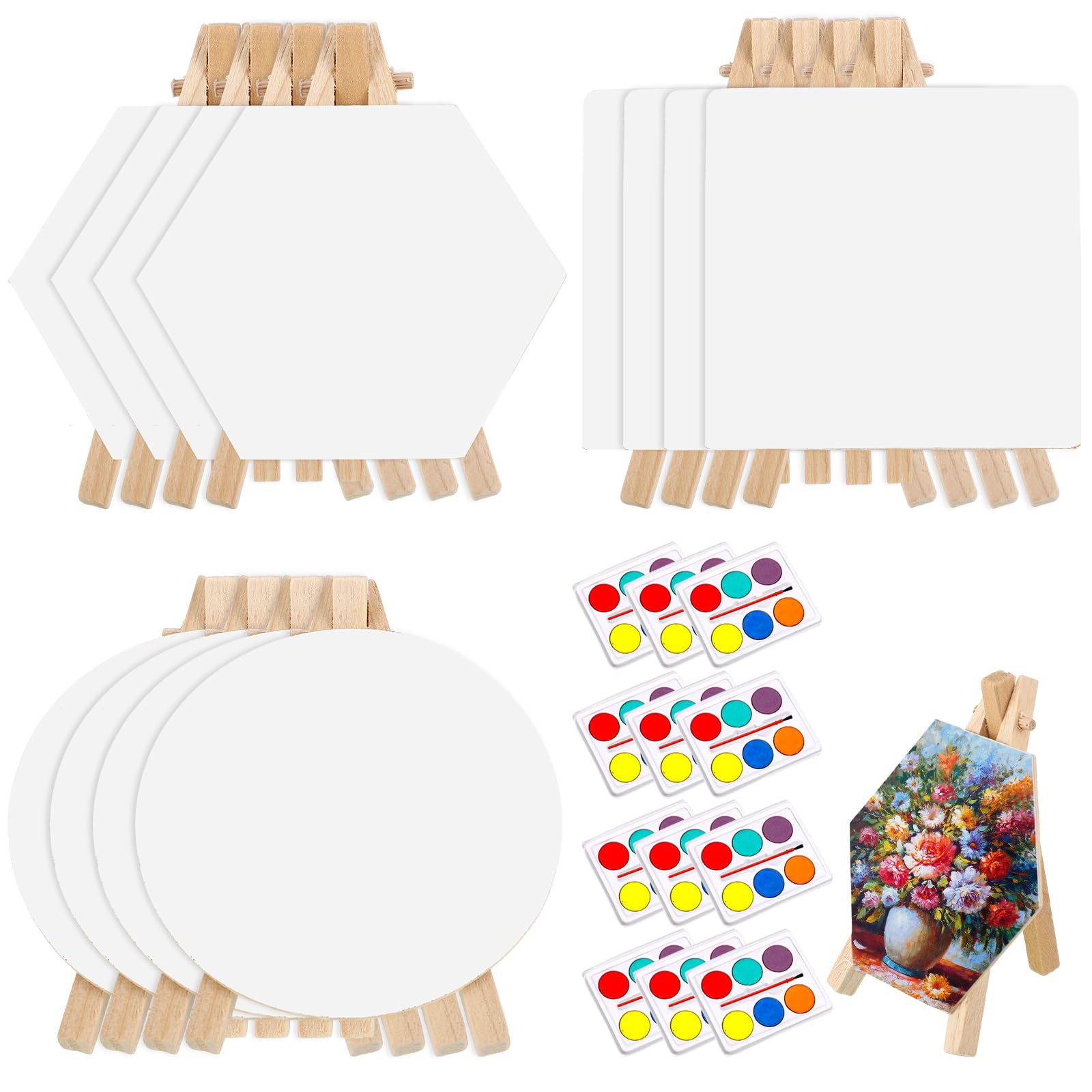Soaoo 12 Sets 4x4 Inch Mini Canvas and Easel Set Wooden Mini Art Easel Canvas Painting Set with 12 Boxes Watercolor Paint for Kids Teenagers Paint and Sip Art Party Supplies