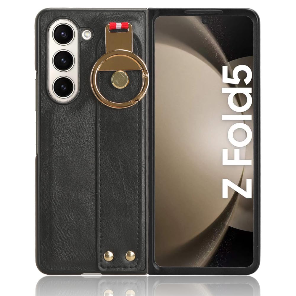 Futanwei for Samsung Galaxy Z Fold5 Case with Wrist Strap Grip Holder Kickstand, Galaxy Z Fold 5 5G Phone Case, [Hard PC + PU Leather] Full Body Shockproof Protective Case Cover for Women Girls, Black