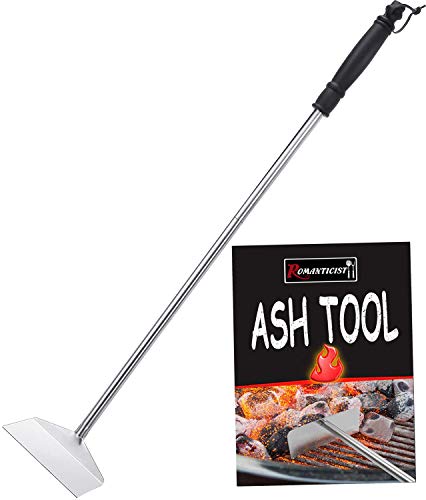 ROMANTICIST Heavy Duty Stainless Steel Ash Tool Rake with 24” Long Rubber Handle for Big Green Egg Kamado Joe and Other Charcoal Grills - Wood Burning Stove Charcoal Pellet Poker Grilling Accessories