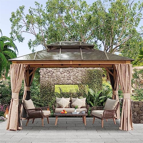 Evedy 10'x12' Hardtop Gazebo,Aluminum Gazebo Pavilion with Curtain and Net,Permanent Outdoor Gazebo with Polycarbonate Double Roof,for Garden, Patio, Lawns, Deck, Backyard-Yellow Brown