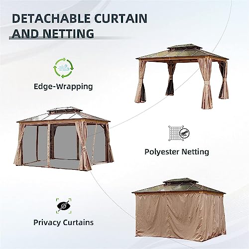 Evedy 10'x12' Hardtop Gazebo,Aluminum Gazebo Pavilion with Curtain and Net,Permanent Outdoor Gazebo with Polycarbonate Double Roof,for Garden, Patio, Lawns, Deck, Backyard-Yellow Brown