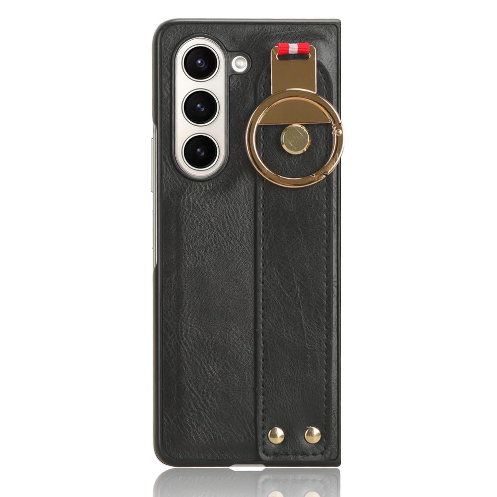 Futanwei for Samsung Galaxy Z Fold5 Case with Wrist Strap Grip Holder Kickstand, Galaxy Z Fold 5 5G Phone Case, [Hard PC + PU Leather] Full Body Shockproof Protective Case Cover for Women Girls, Black
