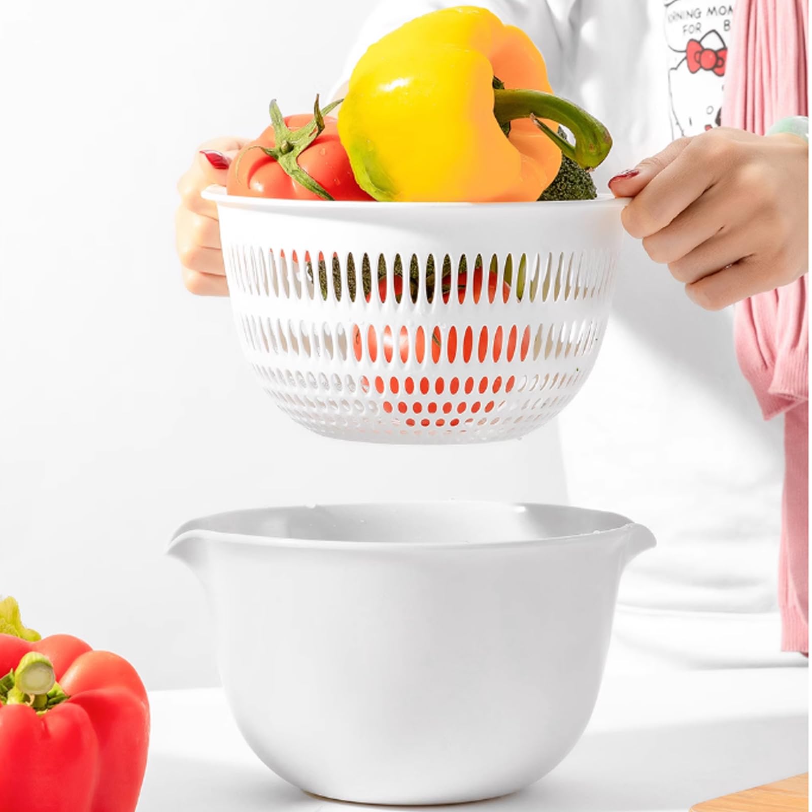 2 Sets 3 Qt,2 in 1 Kitchen Colander Set with Bowl Strainer ,BPA Free Plastic Fruits and Vegetable Washing Basket,Dishwasher Friendly Double Layered Drain Basin,for Pasta, Noodles, Rice and Food (Grey)