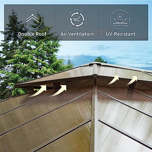 Evedy 10'x12' Hardtop Gazebo,Aluminum Gazebo Pavilion with Curtain and Net,Permanent Outdoor Gazebo with Polycarbonate Double Roof,for Garden, Patio, Lawns, Deck, Backyard-Yellow Brown