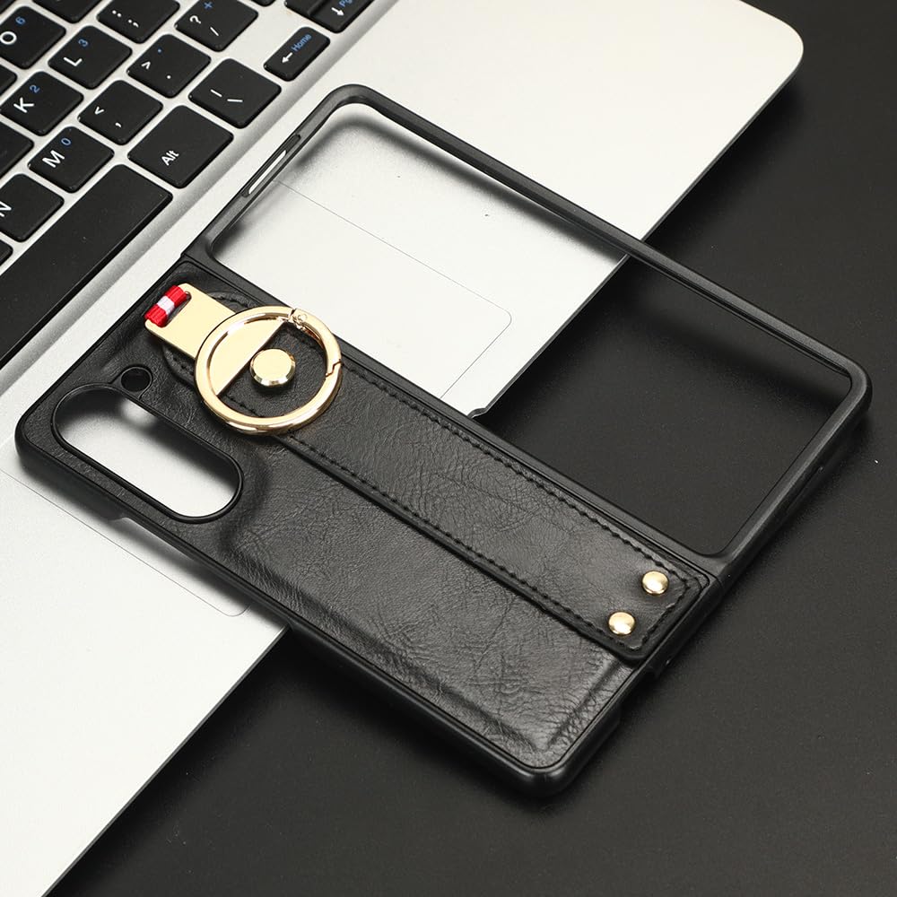 Futanwei for Samsung Galaxy Z Fold5 Case with Wrist Strap Grip Holder Kickstand, Galaxy Z Fold 5 5G Phone Case, [Hard PC + PU Leather] Full Body Shockproof Protective Case Cover for Women Girls, Black